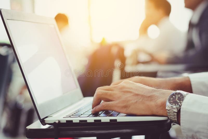 Man`s Hands Using Laptop with Copy Space on Blur Stock Photo - Image of ...