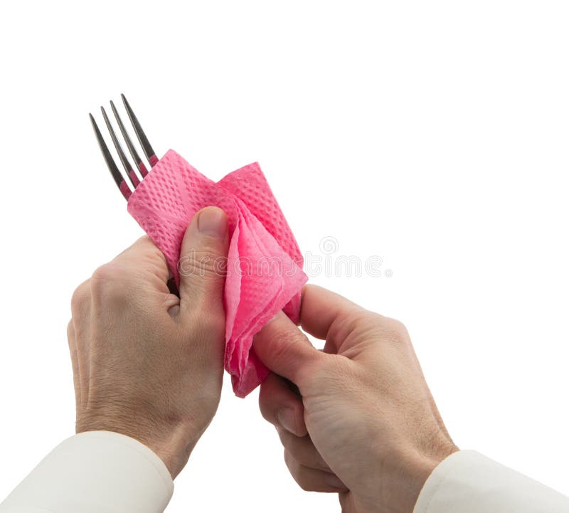 Man S Hands Wiping Fork by Napkin Stock Image - Image of sanitize, hand ...
