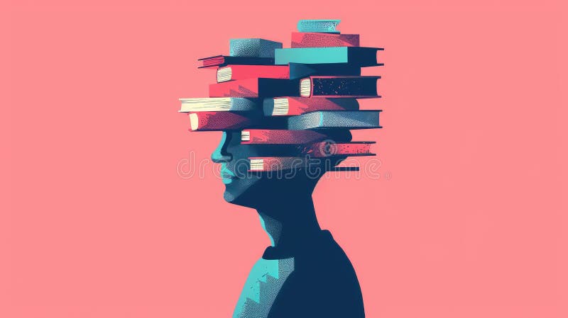 A Man S Head is Covered in Books, with the Books Stacked on Top of Each ...