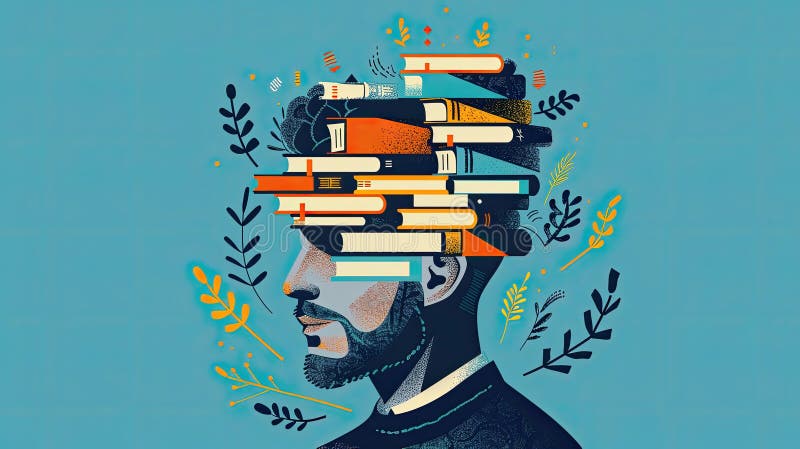 A Man S Head is Covered in Books, with the Books Stacked on Top of Each ...