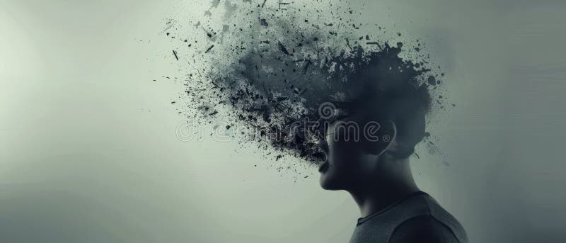 A Man S Head Exploding with Dark Particles Against a Grey Background ...