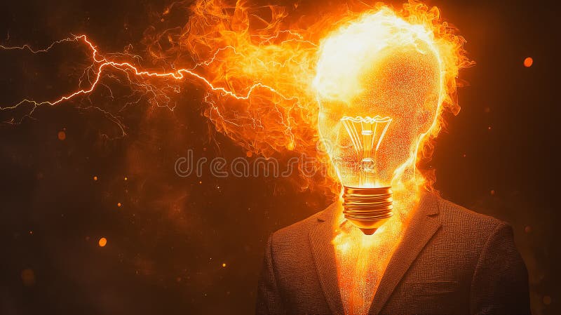 A Man S Head is on Fire, with a Light Bulb in His Mouth. the Image is a ...