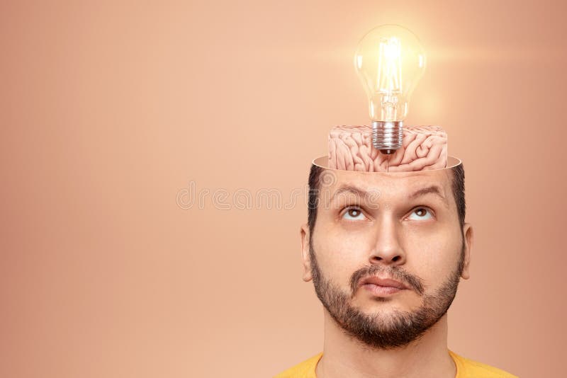 In the Man`s Head, an Incandescent Lamp Symbolizes an Idea. the Concept ...