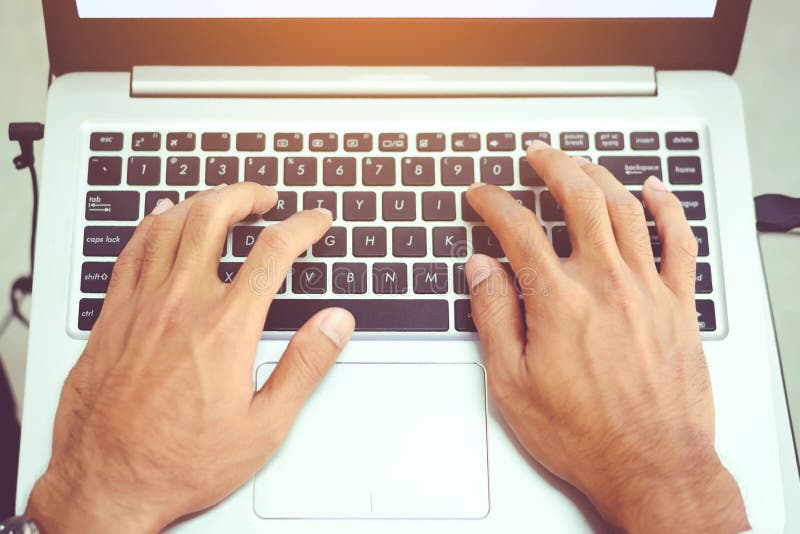 Man`s Hands Using Laptop with Copy Space on Blur Stock Image - Image of ...