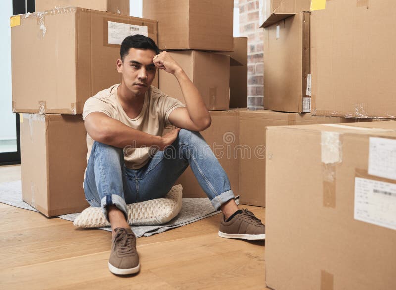 Man, Sad and Thinking with Boxes in Home with Depression for Divorce ...