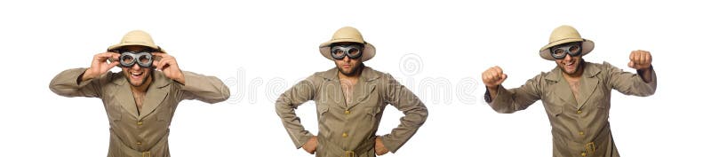 The Man in Safari Hat with Goggles on White Stock Photo - Image of ...