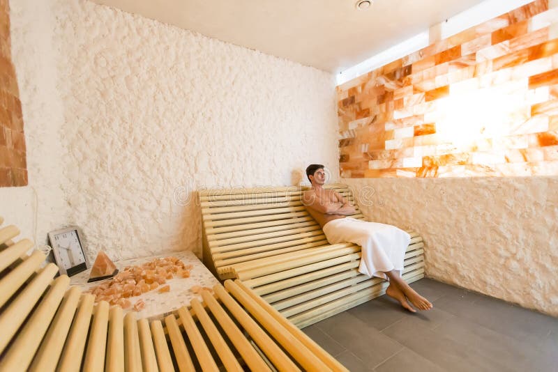 Man in a salt room stock image. Image of skin, room, bench - 68918615