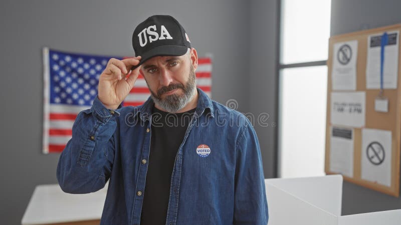 Man Saluting with Usa Hat in Voting Booth with American Flag Backdrop ...