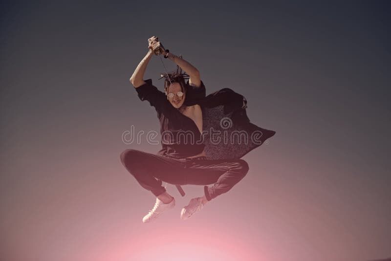 Man Samurai Jumping with Sword on Blue Sky Stock Photo - Image of black ...