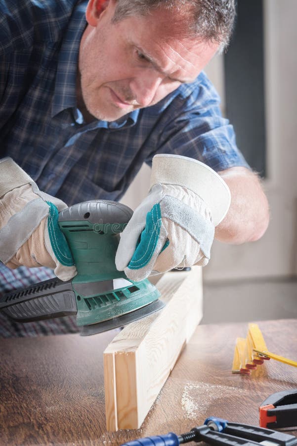 Man Sanding a Wood with Orbital Sander Stock Photo - Image of gloves ...