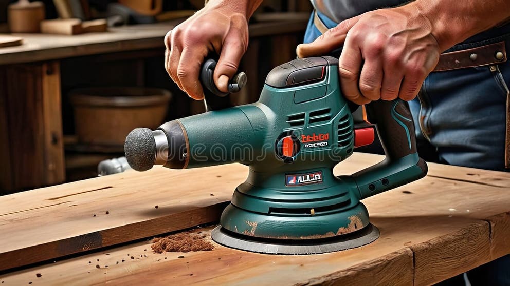 Man Sanding Wood with a Power Sander. Stock Illustration - Illustration ...