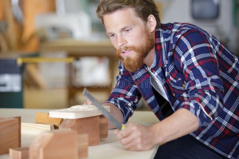 Man Sanding Wood with Sander in Workshop Stock Image - Image of ...
