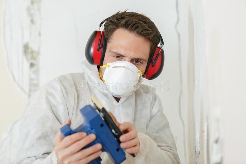 Man Sanding Wood with Sander in Workshop Stock Image - Image of ...