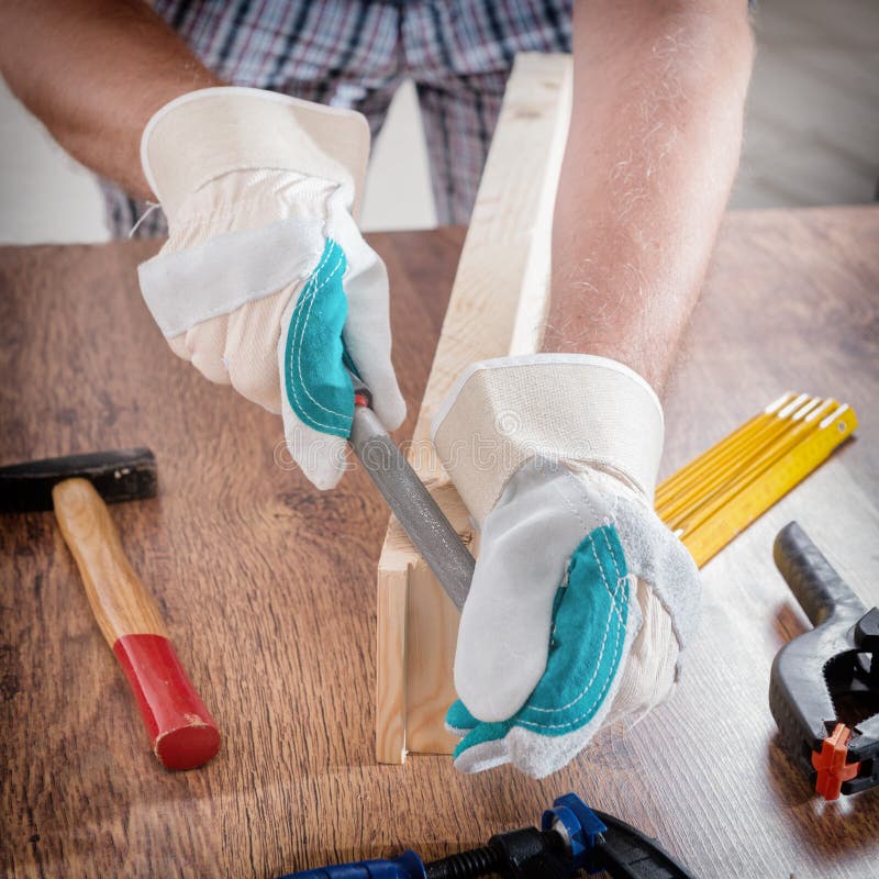 Man Sanding a Wood in a Workshop Stock Image - Image of craft, hands ...