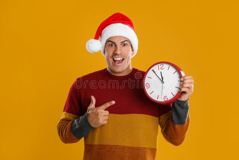 Man Santa Hat Clock Yellow Background New Year Countdown Stock Photos ...