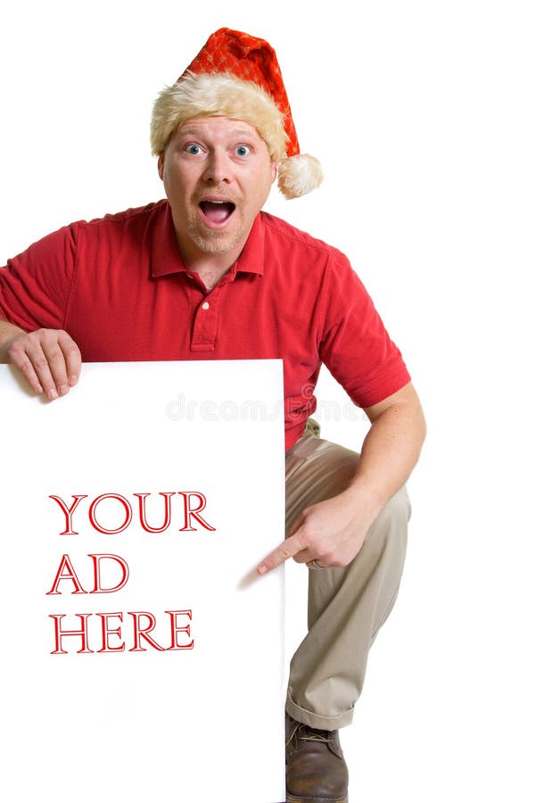 Man in Santa Hat and Red Shirt Holds an Ad Sign Stock Photo - Image of ...