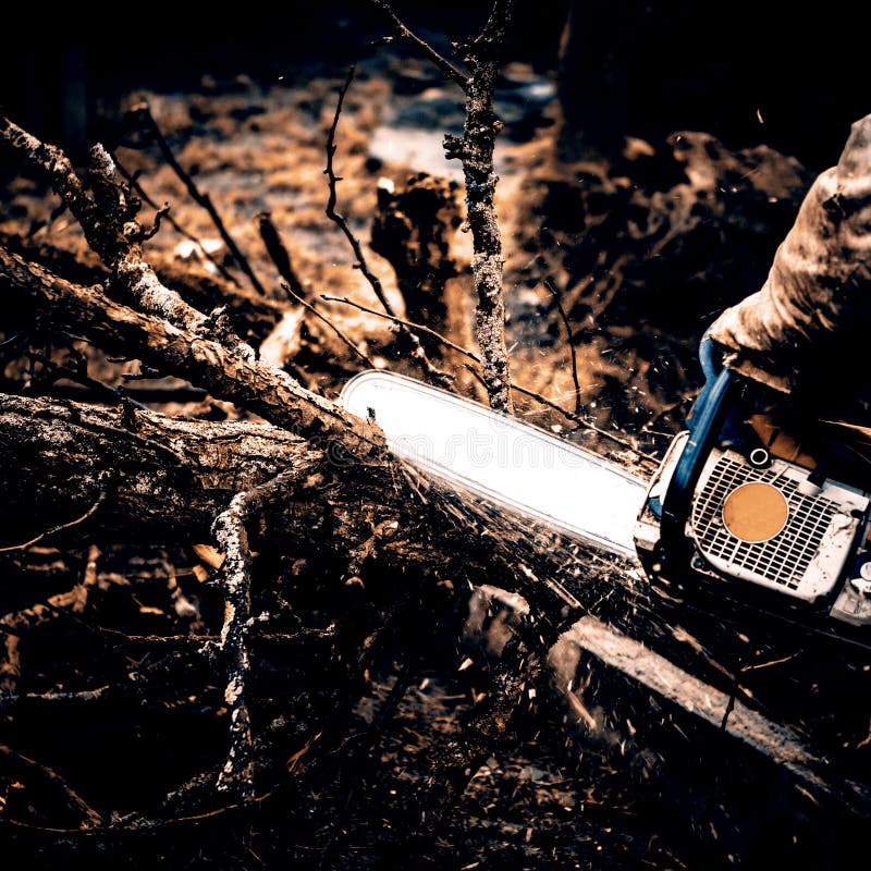 Man Sawing a Log in His Back Yard Stock Photo - Image of protection ...