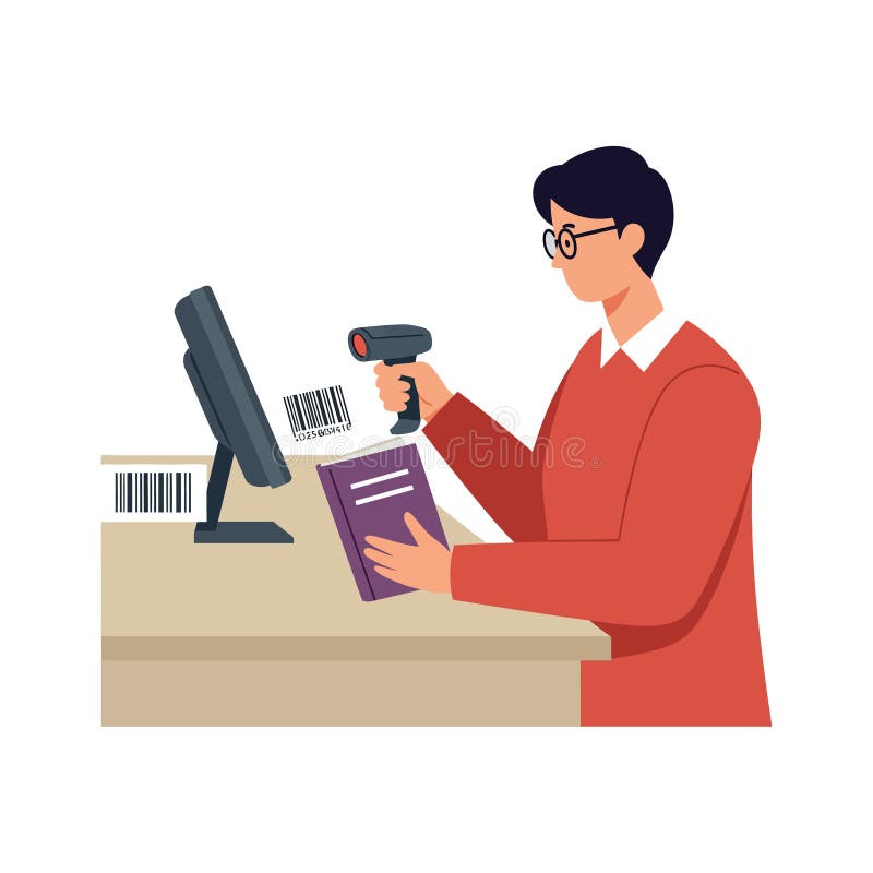 Man Scanning Book Barcode at Desk with Computer Flat Design Vector ...