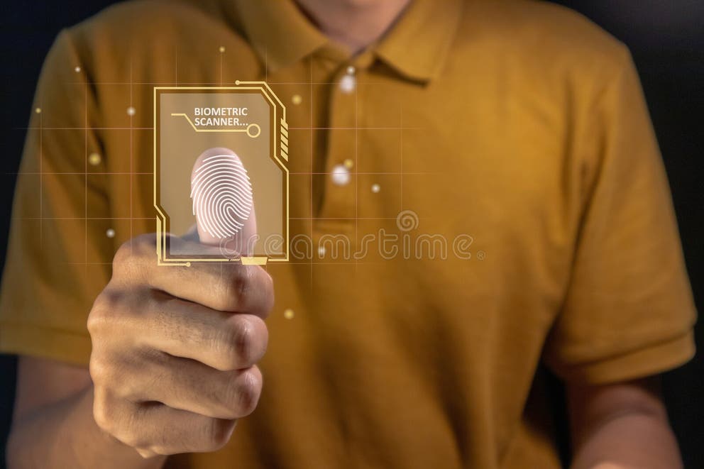 Man Scanning Fingerprint on Virtual Screen. Fingerprint Identification ...