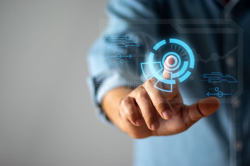 Man Scans Finger through Touch Screen Stock Image - Image of ...