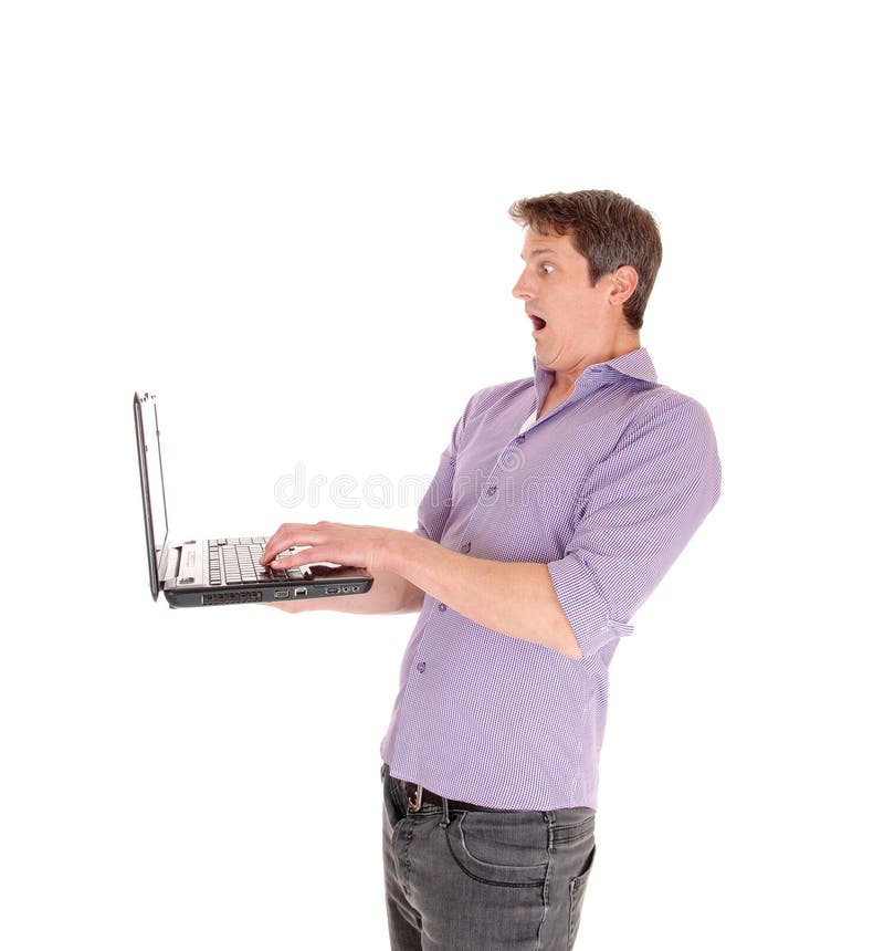 Man scared at his laptop. stock photo. Image of laptop - 56407704