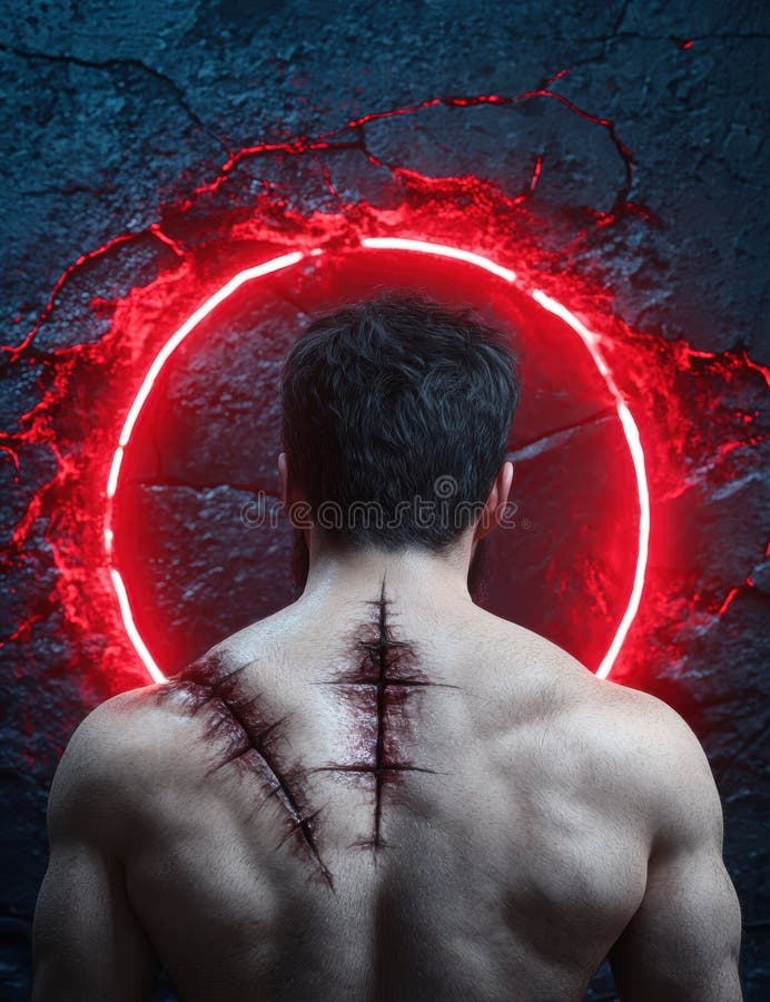 Man with Scars on His Back Standing in Front of a Glowing Red Circle ...