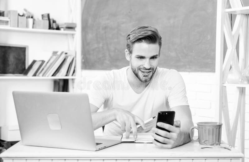 Man School Teacher Use Modern Technology for Communication. Student Use ...