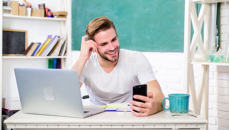 Man School Teacher Use Modern Technology for Communication. Web ...