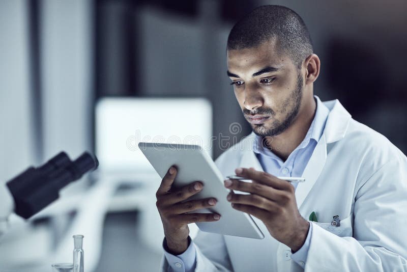 Man, Science and Tablet for Study at Lab, Inspection and Pharmaceutical Trial for Vaccine ...