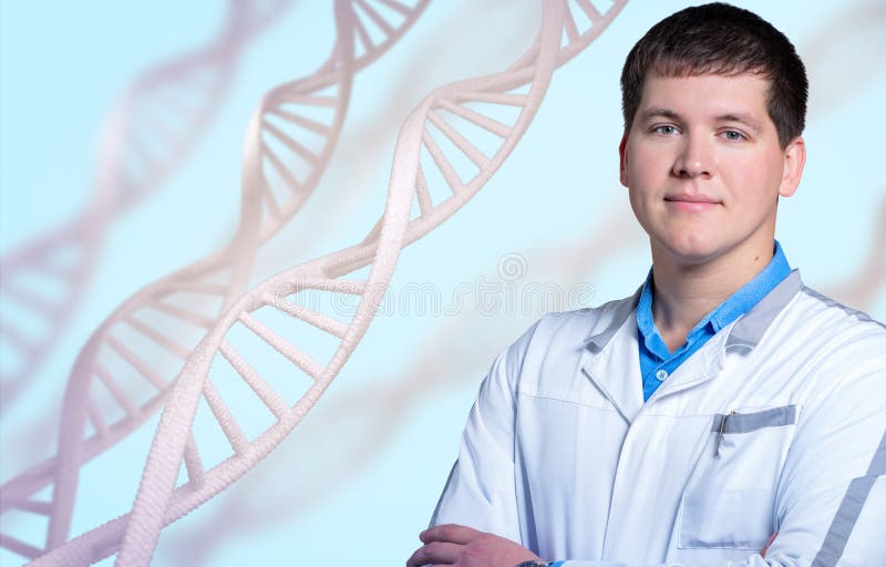Man Science Tologist in Laboratory among DNA Chains. Stock Image ...