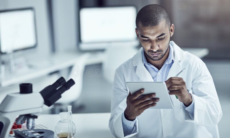Man, Scientist and Tablet for Study at Lab, Writing and Pharmaceutical ...