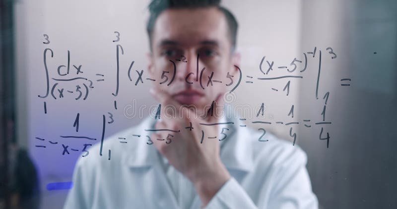 Man Scientist Thinks Over the Solution of the Integral Equation, Drawn ...