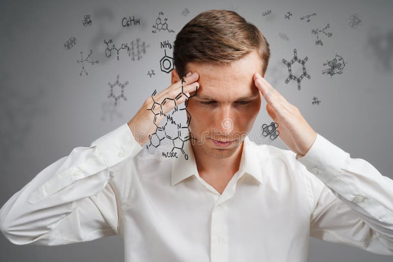 Man Scientist Thinking about Chemical Formulas on Gray Background ...