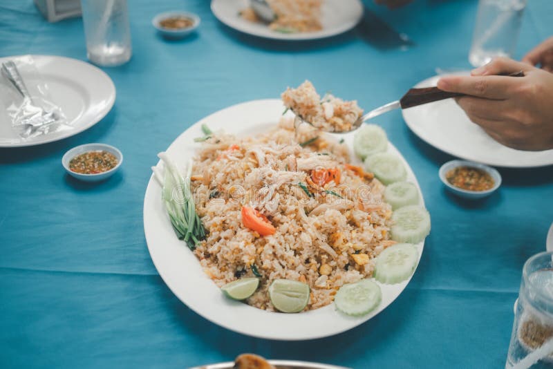 Man Scoop Fried Rice in the Central on Table Stock Image - Image of ...