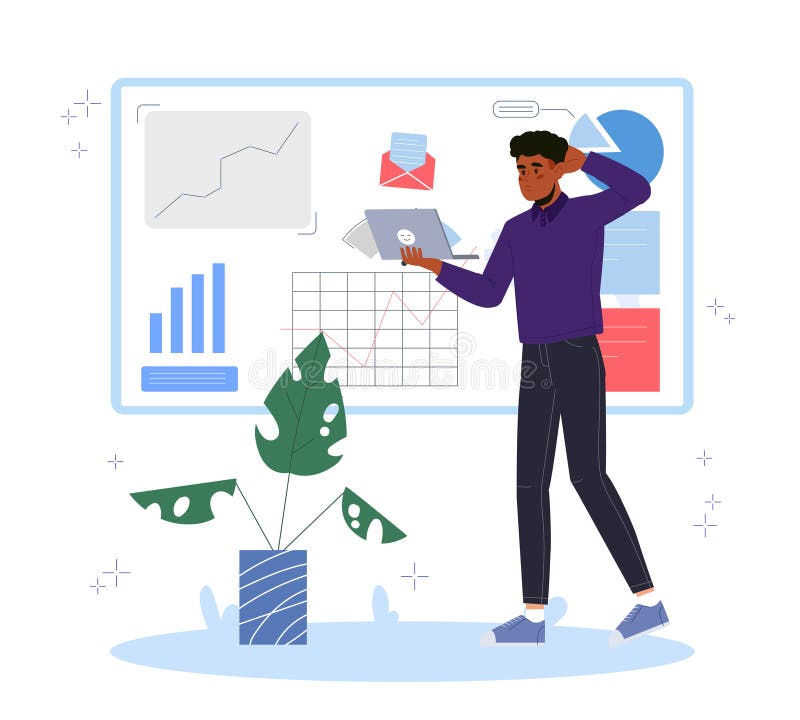 Confused Man Analyzing Data Charts. Vector Illustration Stock Vector ...