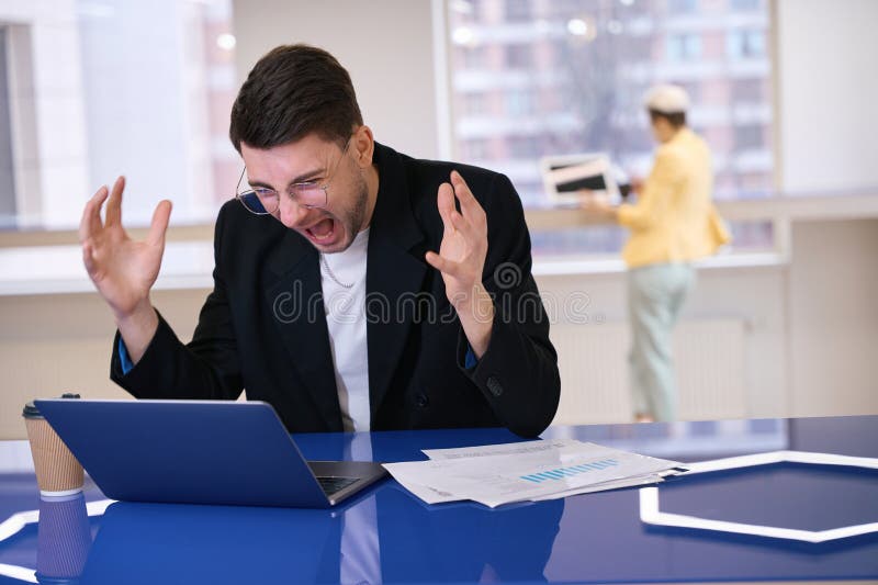 Man Screaming Losing Data on Laptop in the Office Stock Image - Image ...