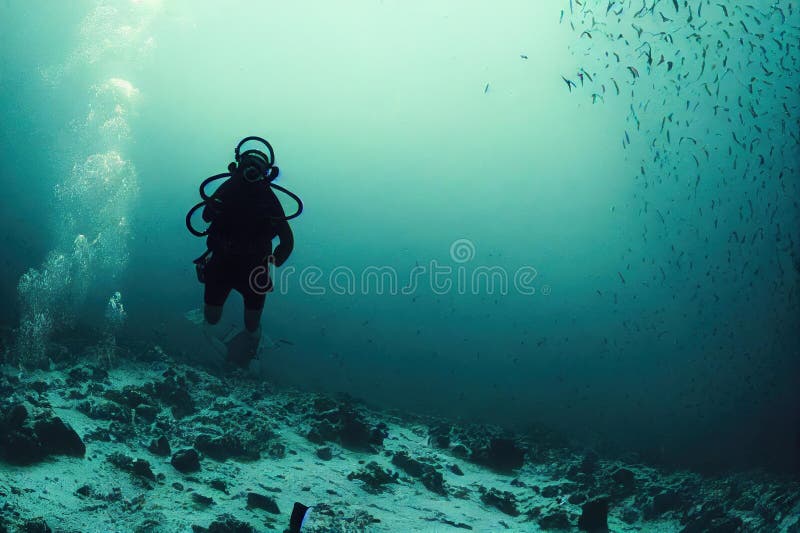 A Man with a Scuba Diver at the Bottom of the Ocean Underwater View ...