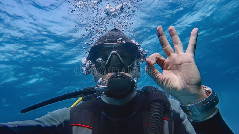 Man Scuba Diver Underwater Showing Signal OK Stock Image - Image of ...