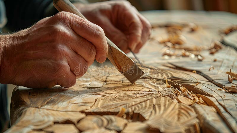 Man Sculpting with Chisel in Wood Plank Making Sculpture Stock ...