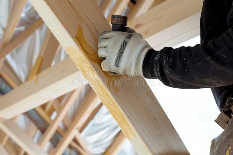 Man Sealing Timber Frame Joints Against Weather Stock Photo - Image of ...