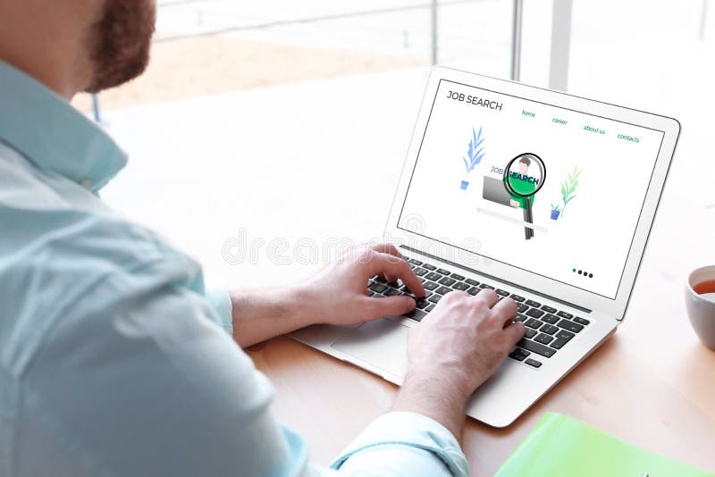 Man Searching Job with Laptop at Table Stock Image - Image of person ...