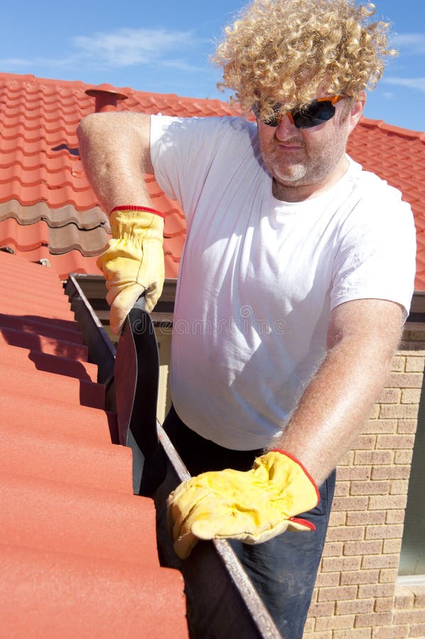 Man Seasonal Gutter Cleaning Red Roof Stock Photo - Image of spring ...