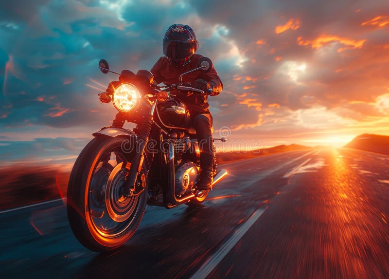 Man Seat on the Motorcycle on the Road with Sunset Light Background ...