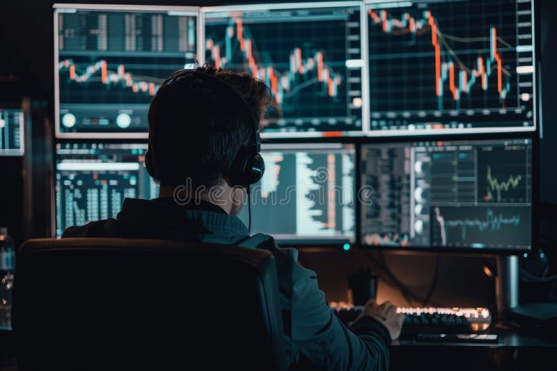 A Man is Seated at a Desk, Analyzing Data on Several Monitors for ...
