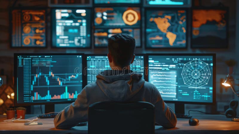 Man Sitting at Desk in Front of Multiple Monitors Stock Photo - Image ...