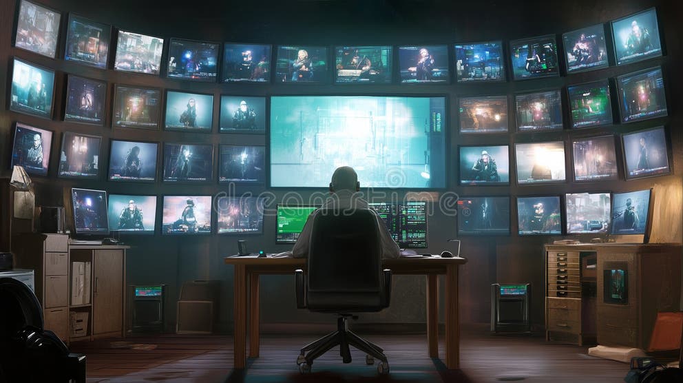 A Man Seated at a Desk in a Dimly Lit Control Room, Surrounded by ...