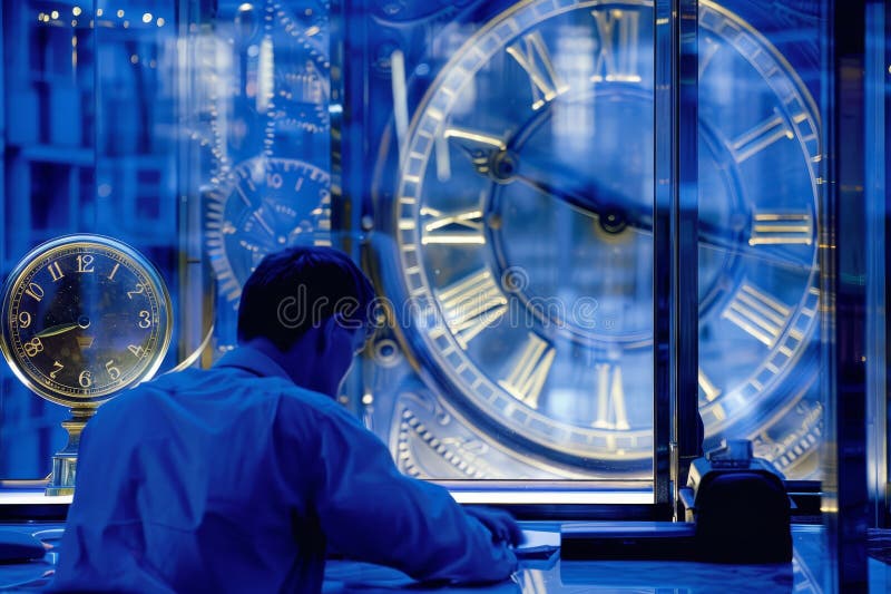 Man Sitting at Desk with Clock. Generative AI Stock Illustration ...