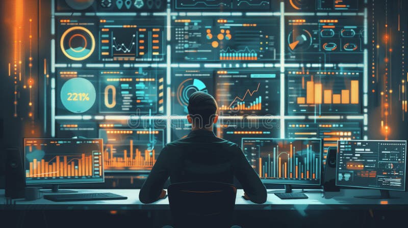 A Man is Seated at a Desk, Focused on a Computer Screen, Working As an ...