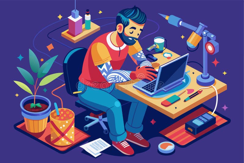 A Man is Seated at a Desk, Focused on Using a Laptop Computer, Tattoo ...