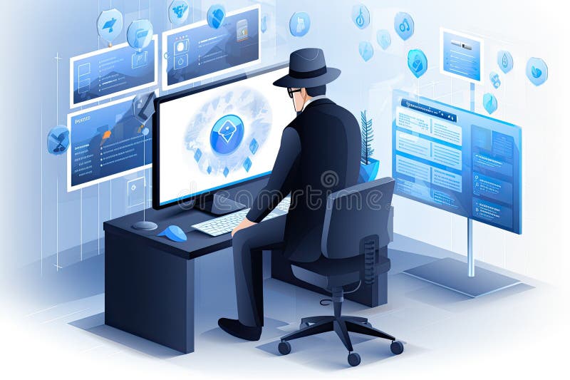 A Man is Seated at a Desk in Front of a Computer, Engaged in Work or ...